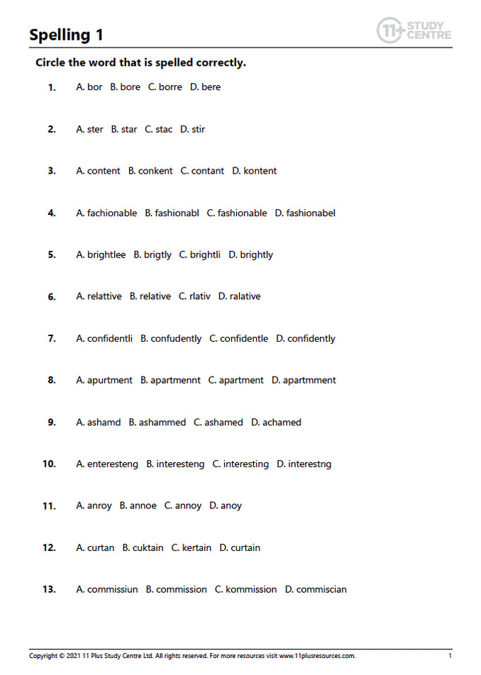 11 Plus Spellings PDF worksheet FREE | 11 Plus Resources