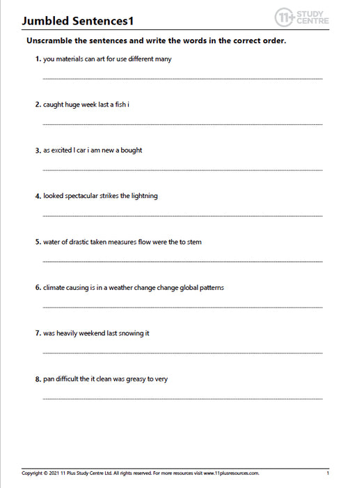 11+ Jumbled Sentences PDF worksheet FREE | 11 Plus Resources
