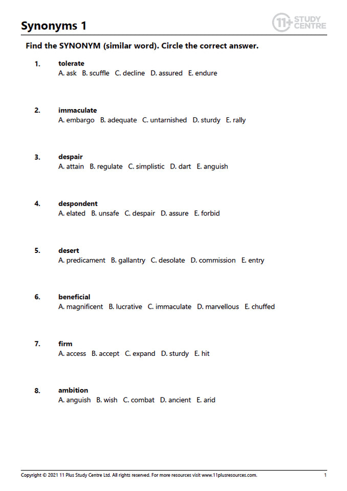 11 Plus Synonyms PDF worksheet FREE | 11 Plus Resources